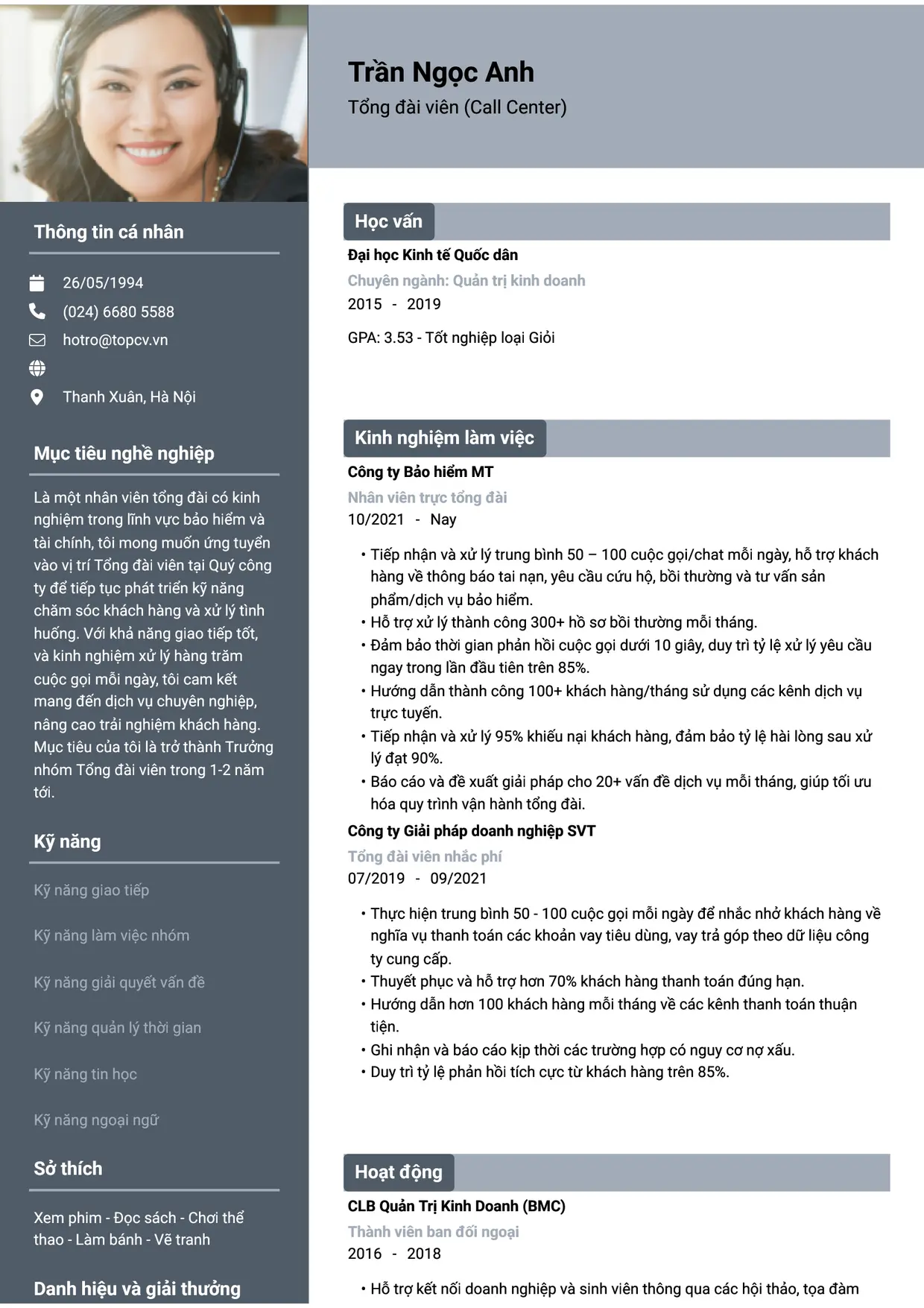 TOP 36 mẫu CV Call Center/Trực tổng đài 2026 - Tiếng Việt