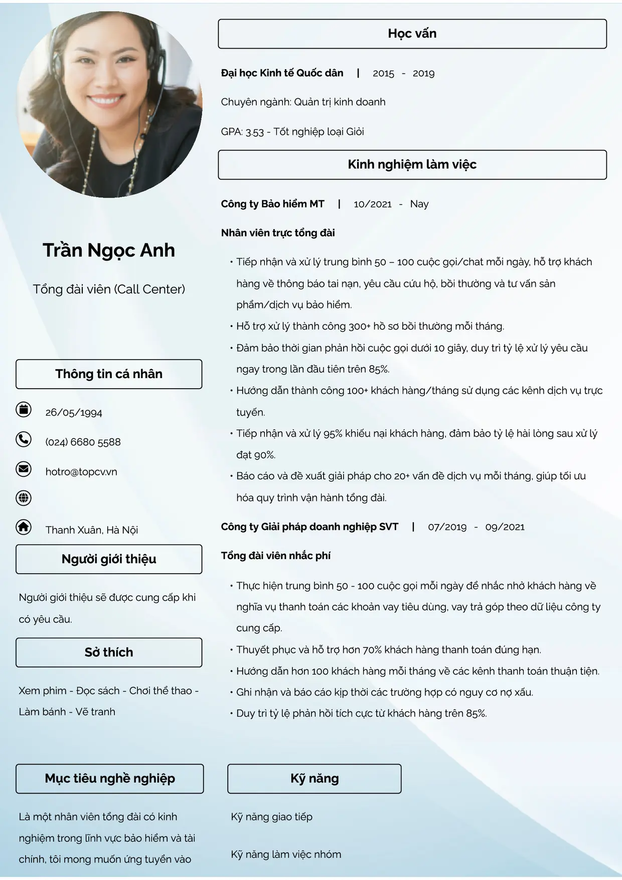 TOP 36 mẫu CV Call Center/Trực tổng đài 2026 - Tiếng Việt