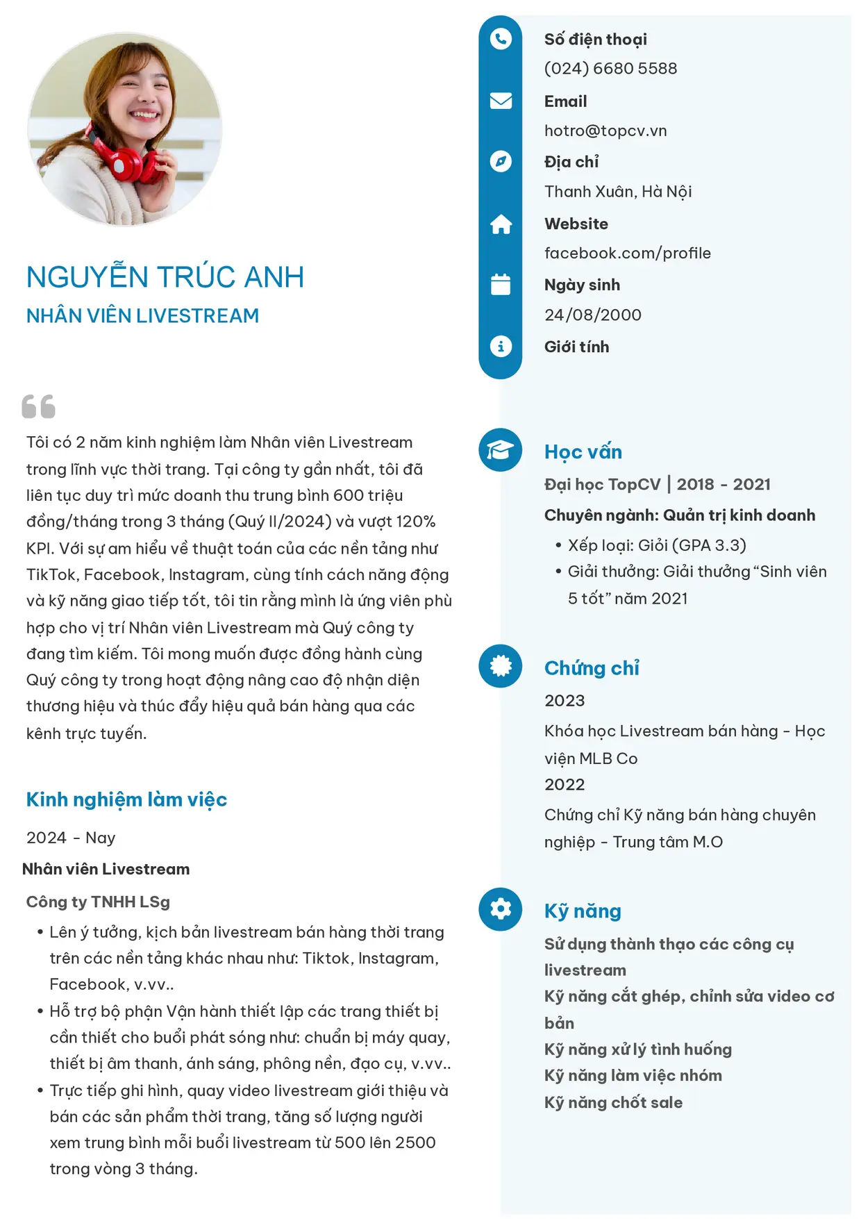 TOP 37 mẫu CV Nhân viên Livestream 2026 - Tiếng Việt