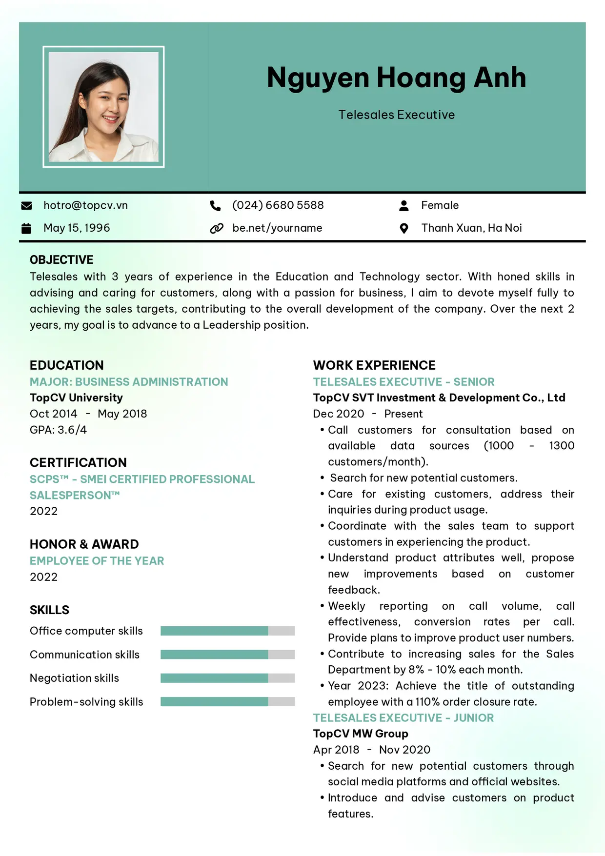 TOP 36 mẫu CV Nhân viên Telesales 2026 - Tiếng Anh